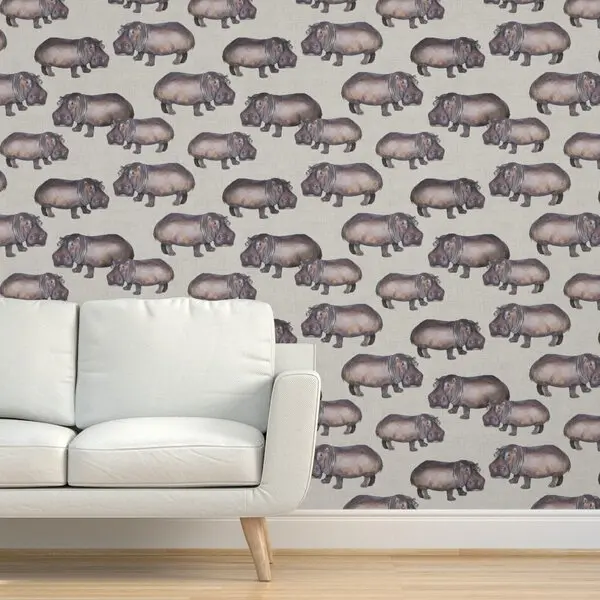 Spoonflower Hippo Safari Hippopotamus Animal 100% Natural Sisal Grasscloth Wallcovering - Gray