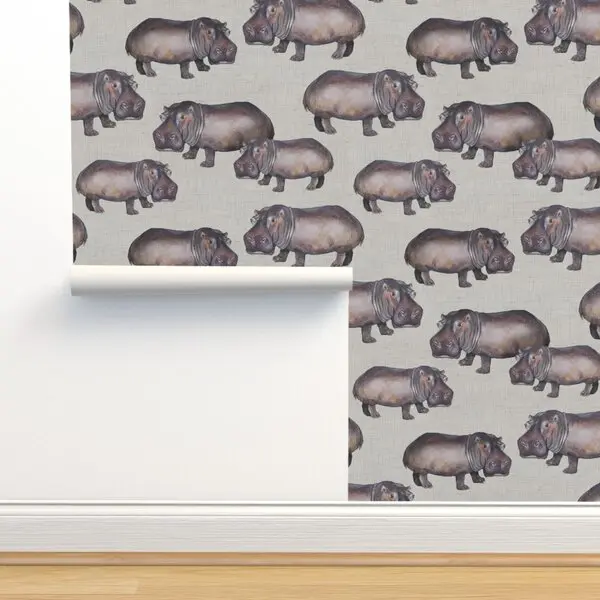Spoonflower Hippo Safari Hippopotamus Animal 100% Natural Sisal Grasscloth Wallcovering - Gray