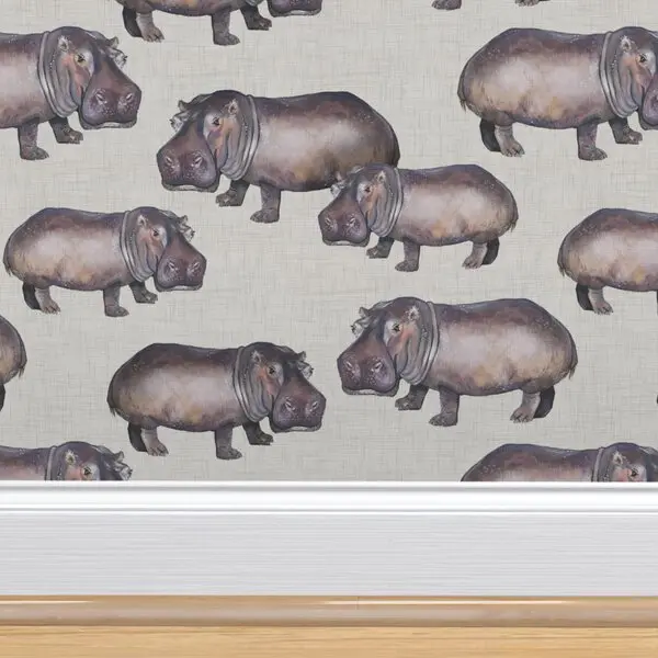 Spoonflower Hippo Safari Hippopotamus Animal 100% Natural Sisal Grasscloth Wallcovering - Gray