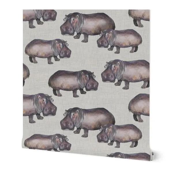 Spoonflower Hippo Safari Hippopotamus Animal 100% Natural Sisal Grasscloth Wallcovering - Gray