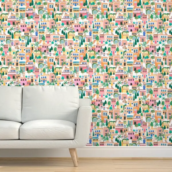 Spoonflower Lake Seaside Palm Trees Houses Garden Custom Pre-pasted Wallpaper - Pink