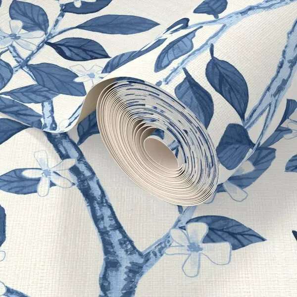 Spoonflower Blue And White Climbing Branches With Peonies 100% Natural Sisal Grasscloth Wallcovering - Blue,white,gray