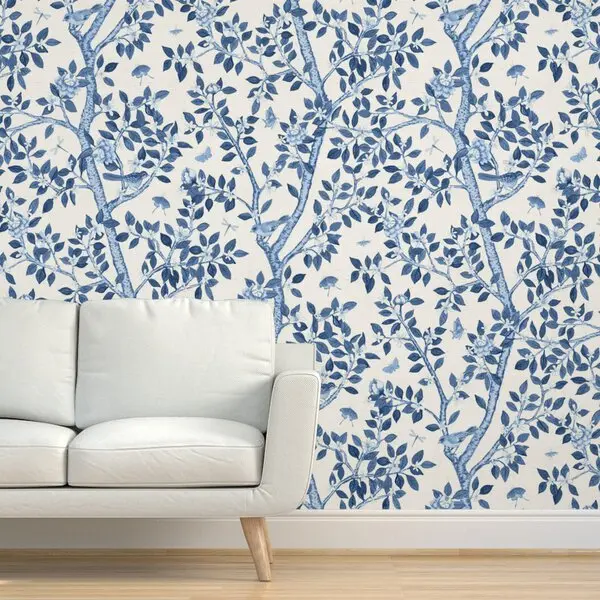 Spoonflower Blue And White Climbing Branches With Peonies 100% Natural Sisal Grasscloth Wallcovering - Blue,white,gray