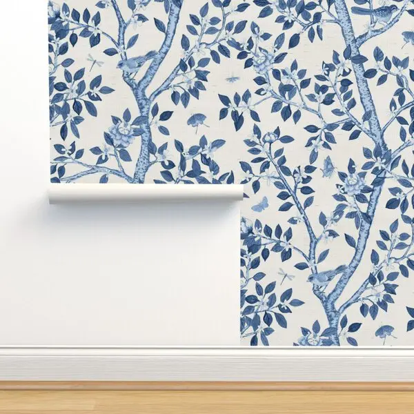 Spoonflower Blue And White Climbing Branches With Peonies 100% Natural Sisal Grasscloth Wallcovering - Blue,white,gray