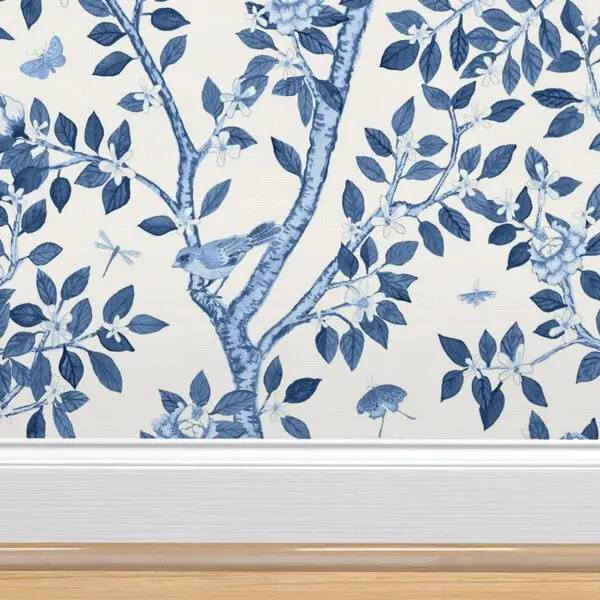 Spoonflower Blue And White Climbing Branches With Peonies 100% Natural Sisal Grasscloth Wallcovering - Blue,white,gray