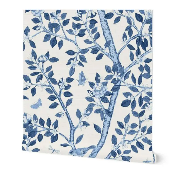 Spoonflower Blue And White Climbing Branches With Peonies 100% Natural Sisal Grasscloth Wallcovering - Blue,white,gray