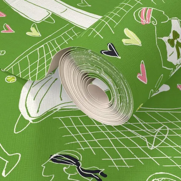 Spoonflower Tennis Court 1920s Sport Vintage Action Love 100% Natural Sisal Grasscloth Wallcovering - Green,sage