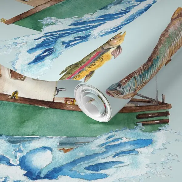 Spoonflower Watercolor Adventure Fish Boat Nautical Light Custom Pre-pasted Wallpaper - Blue