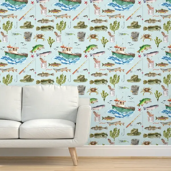 Spoonflower Watercolor Adventure Fish Boat Nautical Light Custom Pre-pasted Wallpaper - Blue