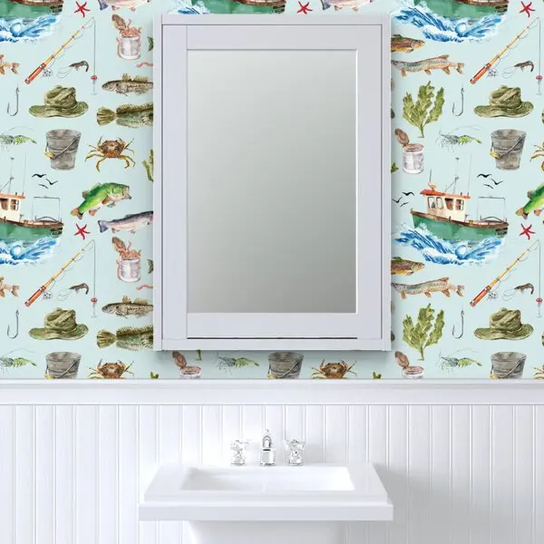 Spoonflower Watercolor Adventure Fish Boat Nautical Light Custom Pre-pasted Wallpaper - Blue
