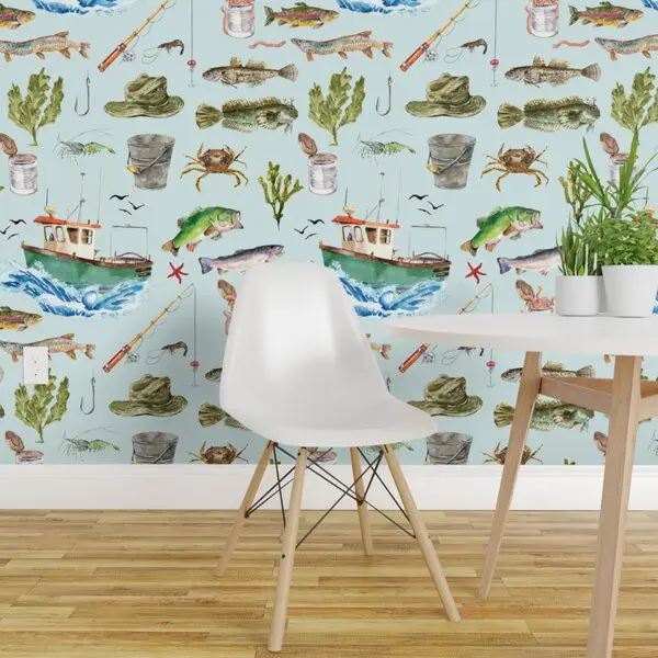 Spoonflower Watercolor Adventure Fish Boat Nautical Light Custom Pre-pasted Wallpaper - Blue