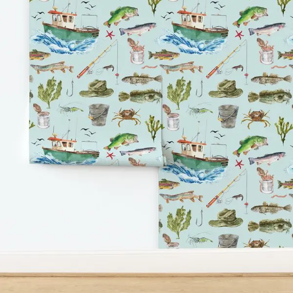 Spoonflower Watercolor Adventure Fish Boat Nautical Light Custom Pre-pasted Wallpaper - Blue