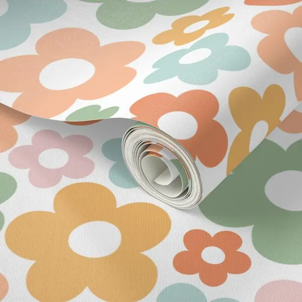Spoonflower Retro Whimsical Floral Sage Green Mustard Yellow Custom Pre-pasted Wallpaper - Sage,green