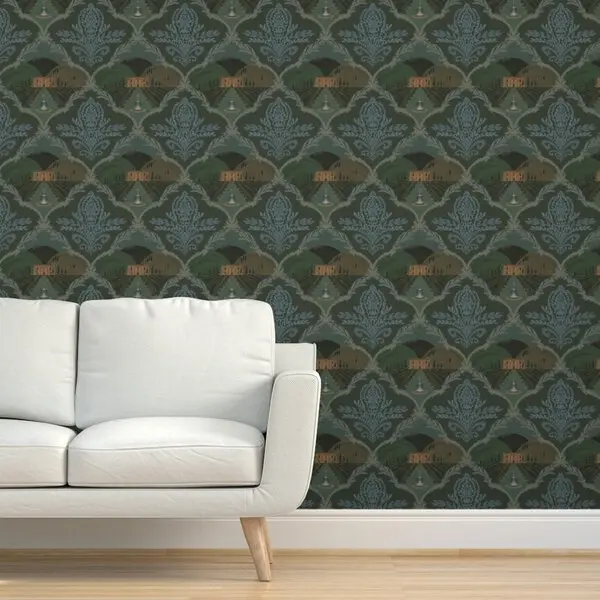 Spoonflower Ogee Dark Vineyard Fountain Hills Custom Pre-pasted Wallpaper - Green