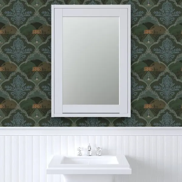 Spoonflower Ogee Dark Vineyard Fountain Hills Custom Pre-pasted Wallpaper - Green
