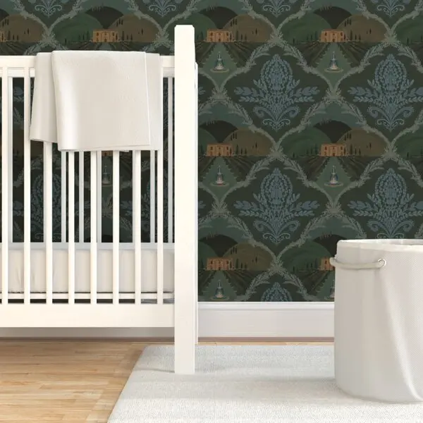 Spoonflower Ogee Dark Vineyard Fountain Hills Custom Pre-pasted Wallpaper - Green