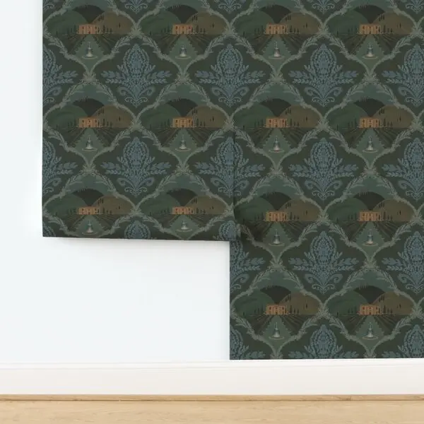 Spoonflower Ogee Dark Vineyard Fountain Hills Custom Pre-pasted Wallpaper - Green