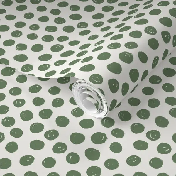 Spoonflower Circles Polka Dot White Painted Dots Random Custom Pre-pasted Wallpaper - Green