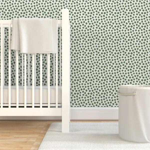 Spoonflower Circles Polka Dot White Painted Dots Random Custom Pre-pasted Wallpaper - Green