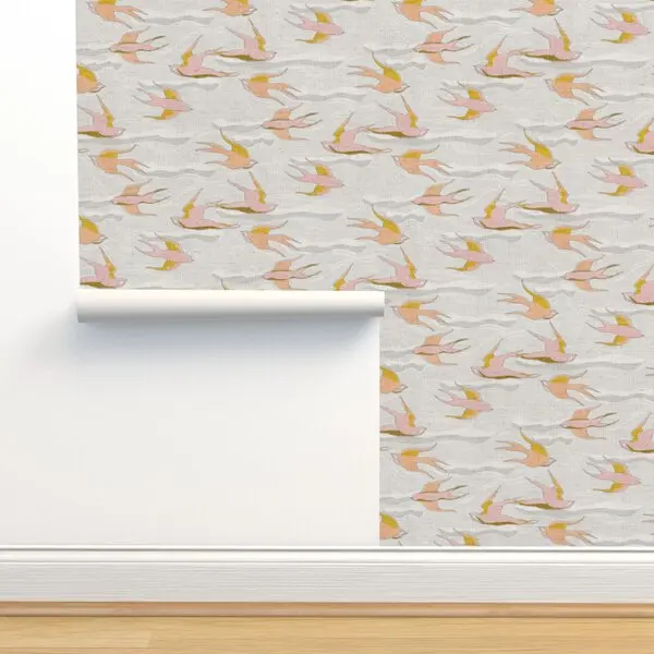Spoonflower Where Bluebirds Fly Peach 100% Natural Sisal Grasscloth Wallcovering