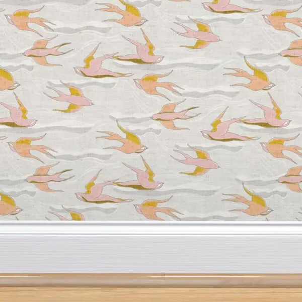 Spoonflower Where Bluebirds Fly Peach 100% Natural Sisal Grasscloth Wallcovering