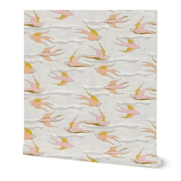 Spoonflower Where Bluebirds Fly Peach 100% Natural Sisal Grasscloth Wallcovering