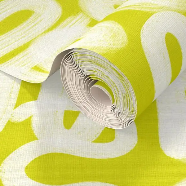 Spoonflower Squiggle White On Citron 100% Natural Sisal Grasscloth Wallcovering - White,green,gray
