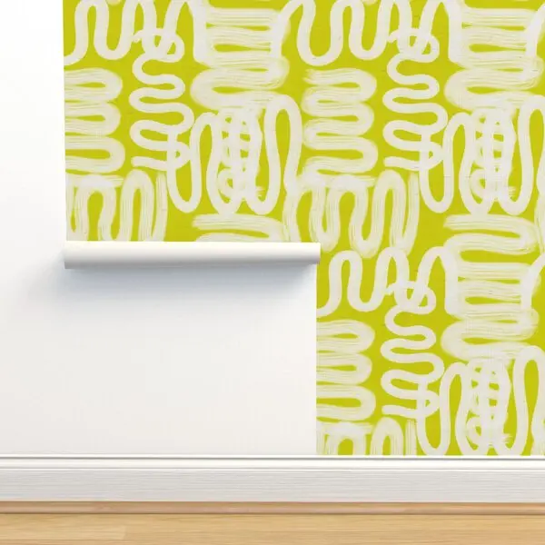 Spoonflower Squiggle White On Citron 100% Natural Sisal Grasscloth Wallcovering