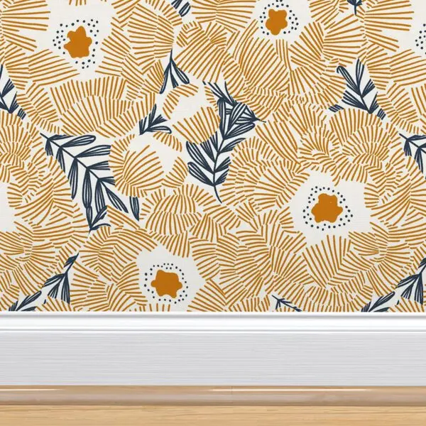 Spoonflower Cleo Orange 100% Natural Sisal Grasscloth Wallcovering - Beige,blue,brown