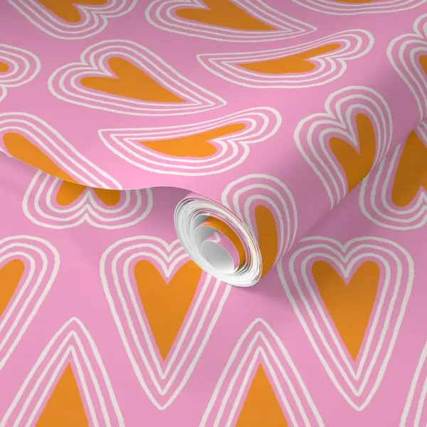Spoonflower Hearts Pink Whimsical Valentines Day Cute Custom Pre-pasted Wallpaper - Orange