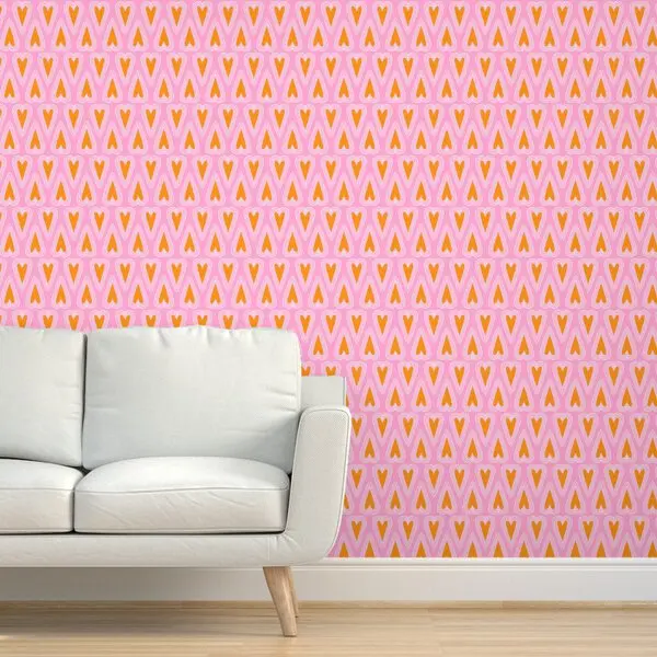 Spoonflower Hearts Pink Whimsical Valentines Day Cute Custom Pre-pasted Wallpaper - Orange