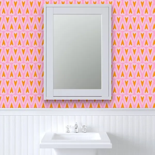 Spoonflower Hearts Pink Whimsical Valentines Day Cute Custom Pre-pasted Wallpaper - Orange