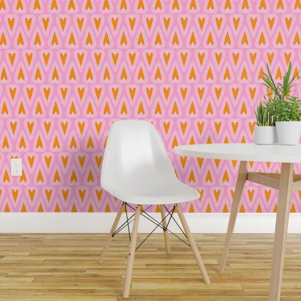 Spoonflower Hearts Pink Whimsical Valentines Day Cute Custom Pre-pasted Wallpaper - Orange