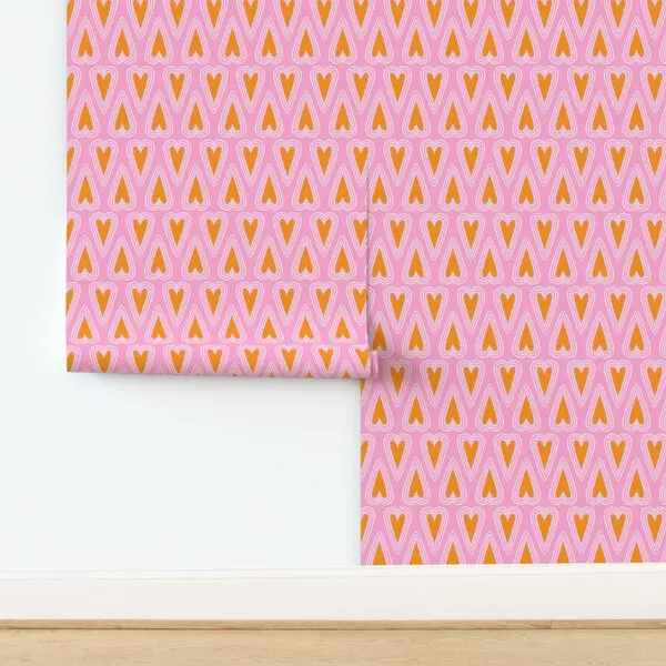 Spoonflower Hearts Pink Whimsical Valentines Day Cute Custom Pre-pasted Wallpaper - Orange