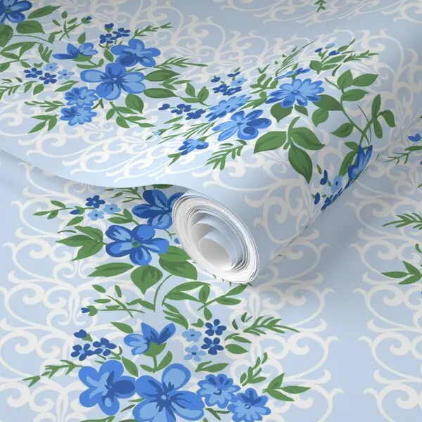 Spoonflower Farmhouse Floral Shabby Chic Romantic Custom Pre-pasted Wallpaper - Blue