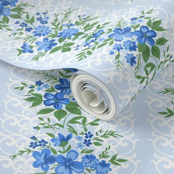 Spoonflower Farmhouse Floral Shabby Chic Romantic Custom Pre-pasted Wallpaper - Blue