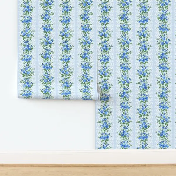 Spoonflower Farmhouse Floral Shabby Chic Romantic Custom Pre-pasted Wallpaper - Blue