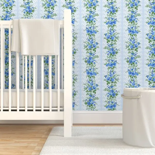Spoonflower Farmhouse Floral Shabby Chic Romantic Custom Pre-pasted Wallpaper - Blue