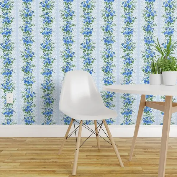 Spoonflower Farmhouse Floral Shabby Chic Romantic Custom Pre-pasted Wallpaper - Blue