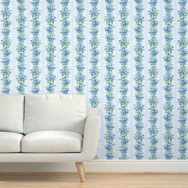 Spoonflower Farmhouse Floral Shabby Chic Romantic Custom Pre-pasted Wallpaper - Blue