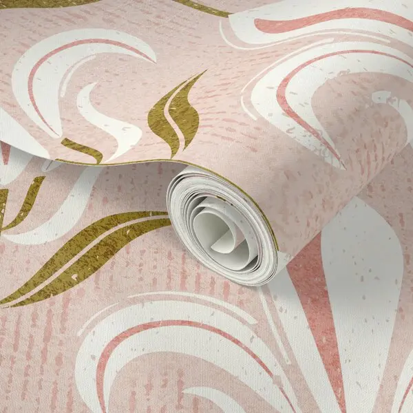 Spoonflower Pink Floral Fleur-de-lis Lily Retro Flowers Custom Pre-pasted Wallpaper - White