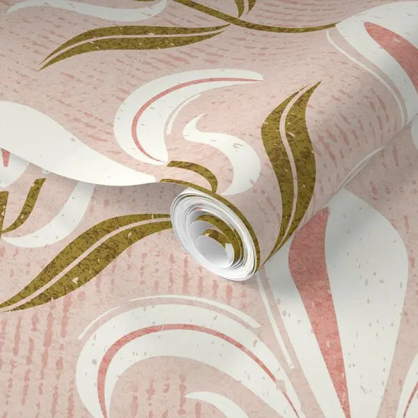 Spoonflower Pink Floral Fleur-de-lis Lily Retro Flowers Custom Pre-pasted Wallpaper - White