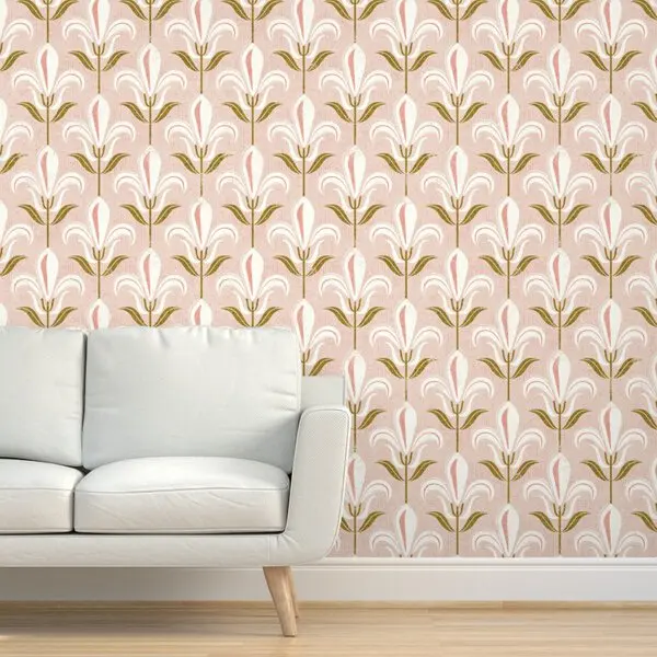 Spoonflower Pink Floral Fleur-de-lis Lily Retro Flowers Custom Pre-pasted Wallpaper - White