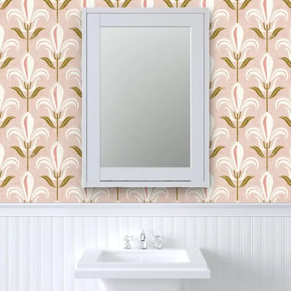 Spoonflower Pink Floral Fleur-de-lis Lily Retro Flowers Custom Pre-pasted Wallpaper - White