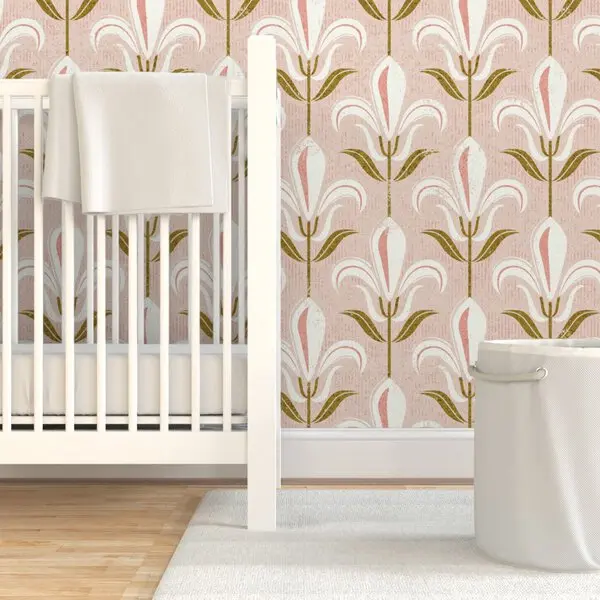 Spoonflower Pink Floral Fleur-de-lis Lily Retro Flowers Custom Pre-pasted Wallpaper - White