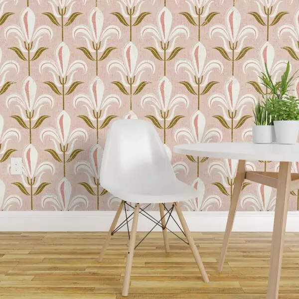 Spoonflower Pink Floral Fleur-de-lis Lily Retro Flowers Custom Pre-pasted Wallpaper - White