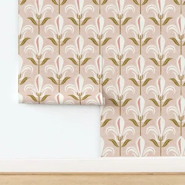 Spoonflower Pink Floral Fleur-de-lis Lily Retro Flowers Custom Pre-pasted Wallpaper - White