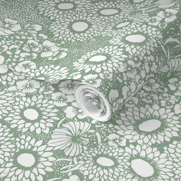 Spoonflower Sage Green Floral Monochrome Botanical Peaceful Custom Pre-pasted Wallpaper - Sage,green