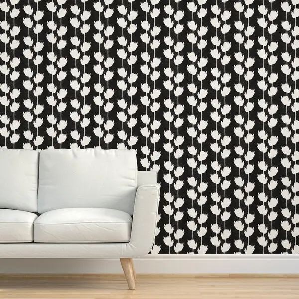 Spoonflower Protea Trails White Silhouettes On Black Medium 100% Natural Sisal Grasscloth Wallcovering - Black,white,gray
