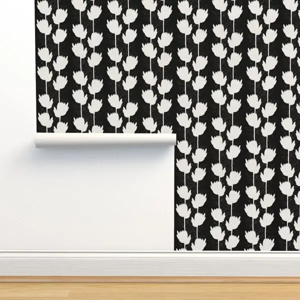 Spoonflower Protea Trails White Silhouettes On Black Medium 100% Natural Sisal Grasscloth Wallcovering - Black,white,gray